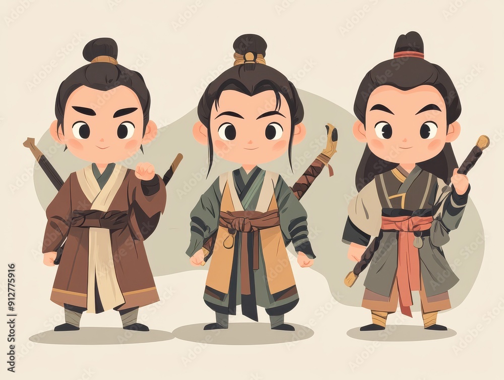 Three adorable chibi kung fu warriors in traditional outfits with ...