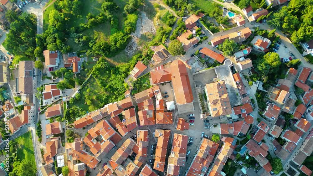 An aerial view of the beautiful old town of Vrsar, Croatia, captured by ...