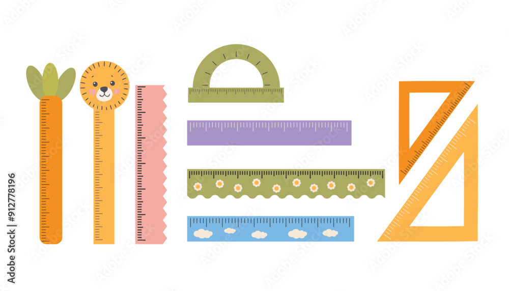 Set of vector school rulers. Flat cartoon style. Cute stationery. Ruler ...