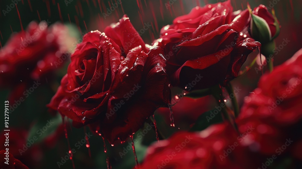 Blood rain falling on roses in a close-up, creating a powerful and ...