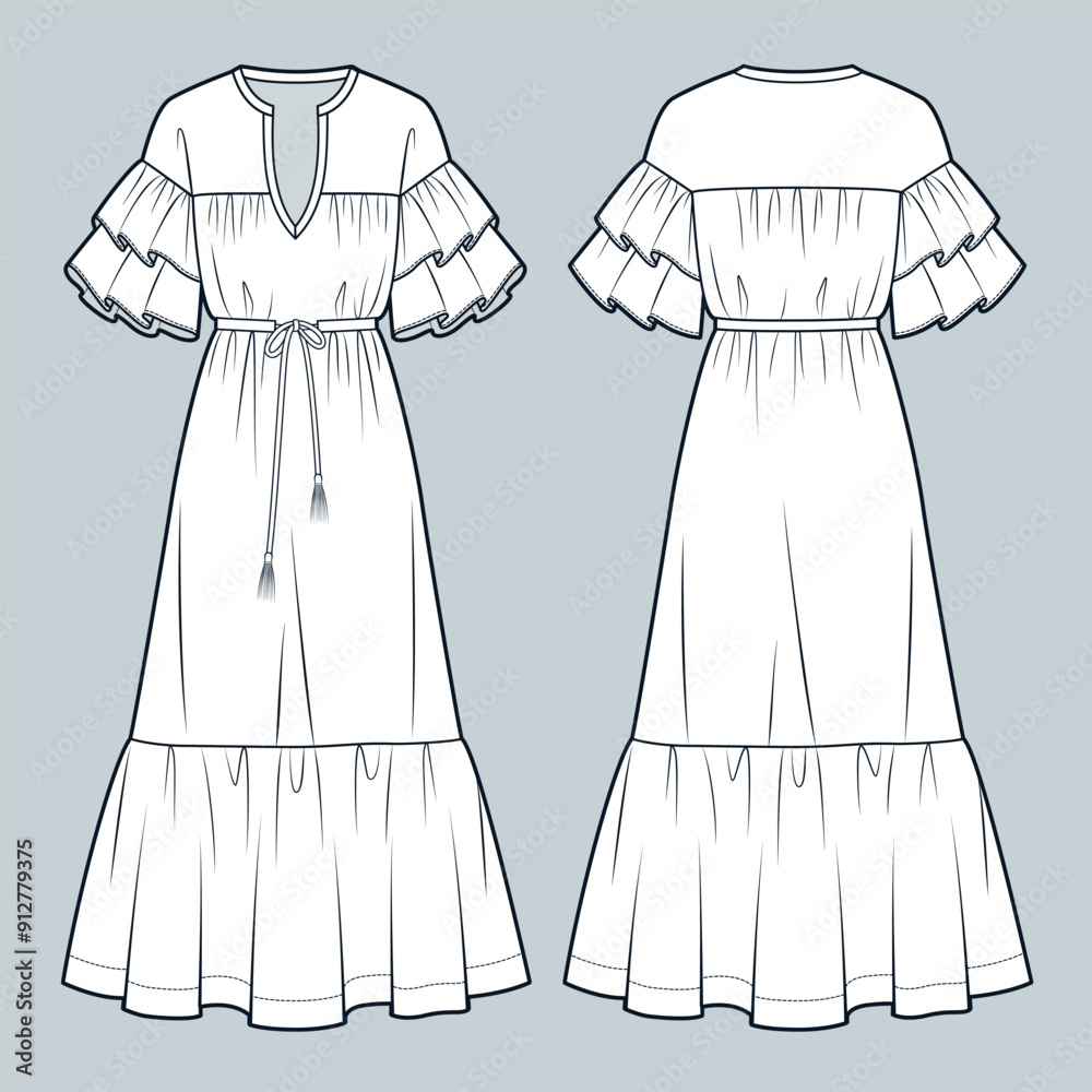 Ruffle Sleeve Dress technical fashion illustration. Tiered Dress ...