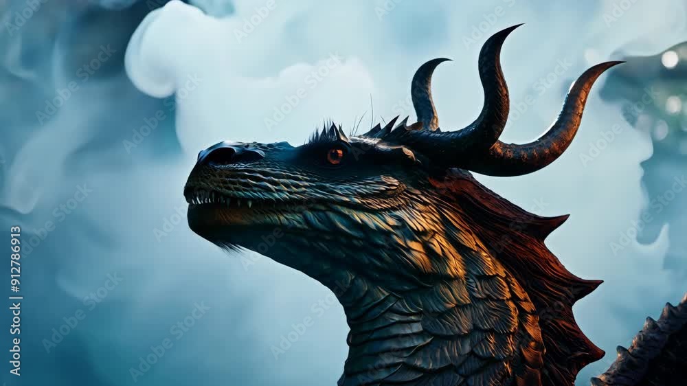 Red Chinese dragon with horns breathes fire close up. Mythical creature ...