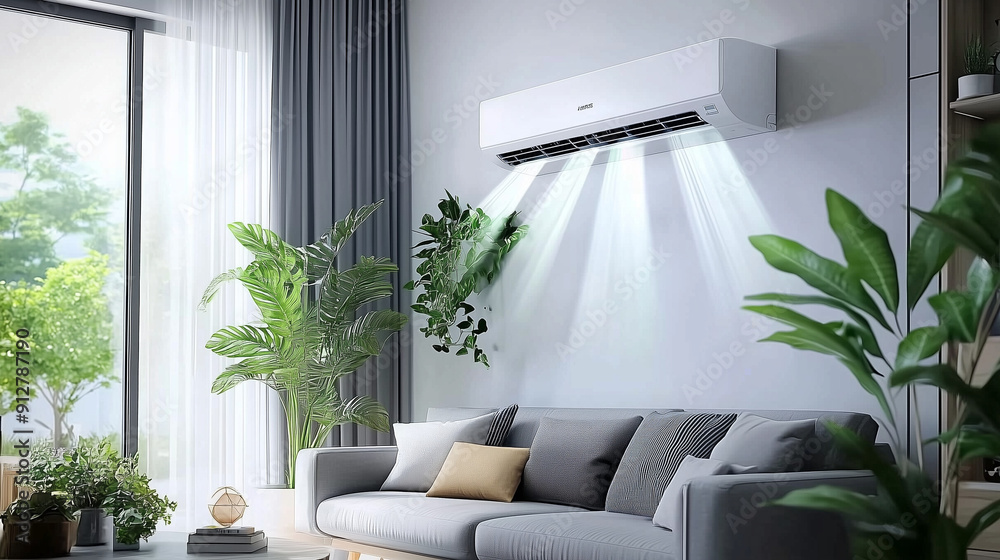 A modern living room featuring an air conditioner on the wall, a grey ...