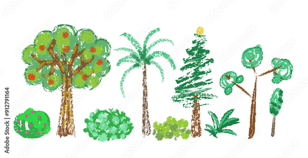 Crayon, chalk and pencil tree texture for kid, children hand drawing ...