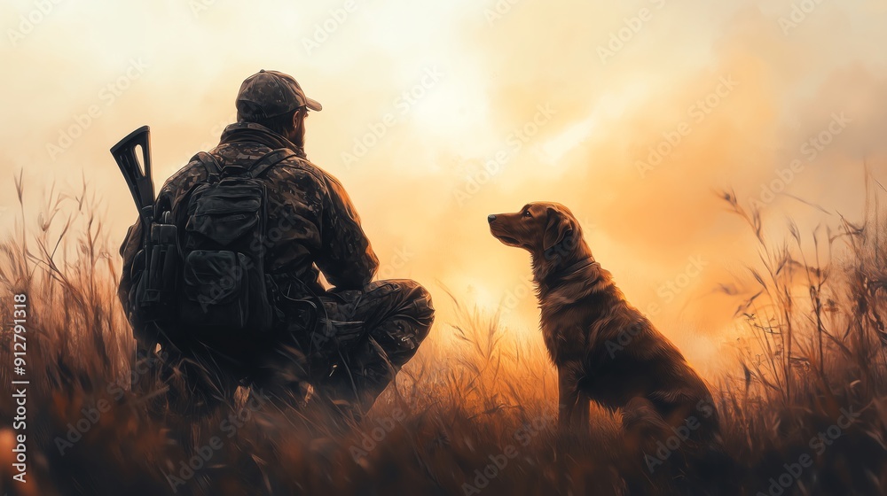 Visualize a hunter kneeling beside a loyal hunting dog, both looking ...