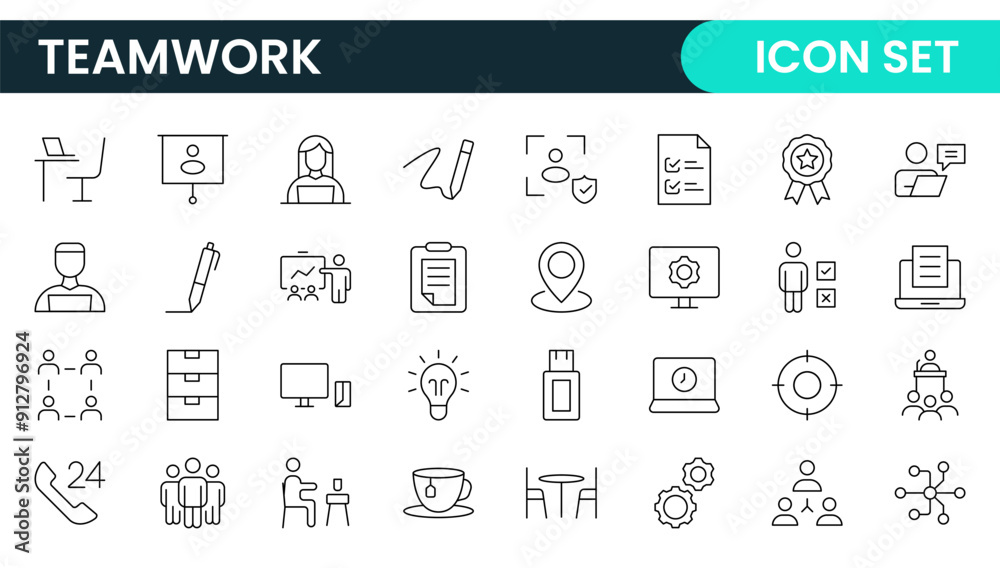 Teamwork linear icons collection. Set of coworking space icons ...