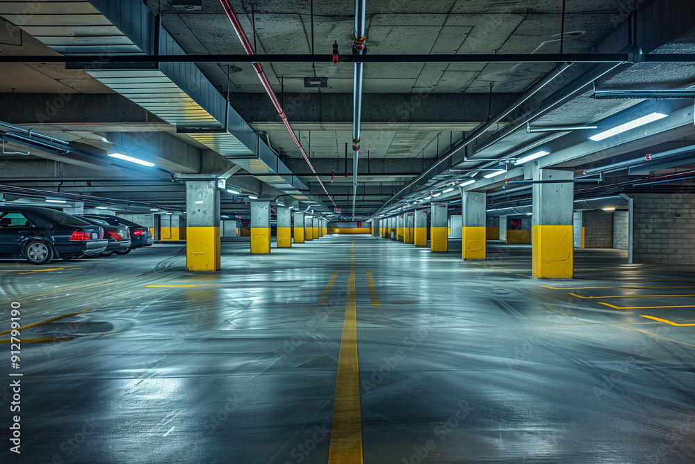 Underground parking garage with vivid yellow pillars and cars parked ...