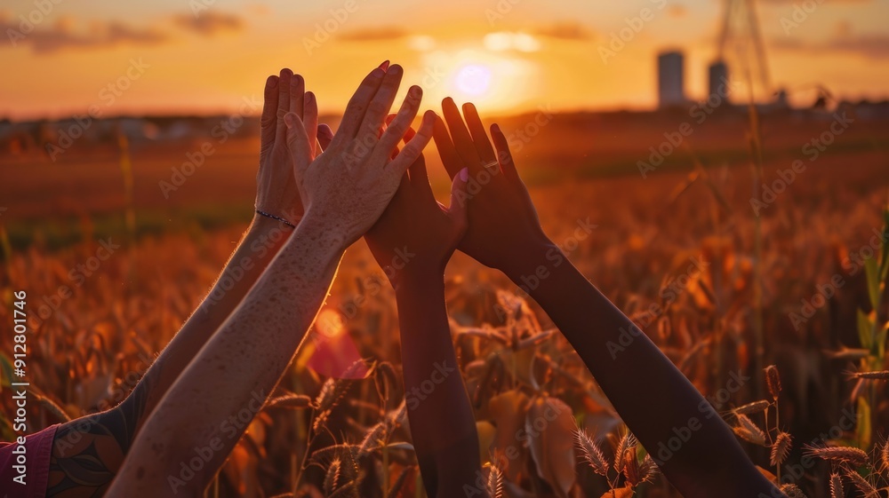 Abstract portrait about happy people joining hands together over a lush ...