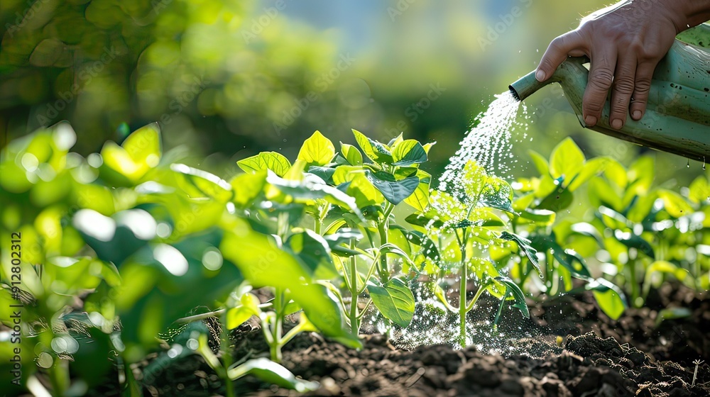 Farmer Watering Green Beans: A farmer watering green bean plants with a ...
