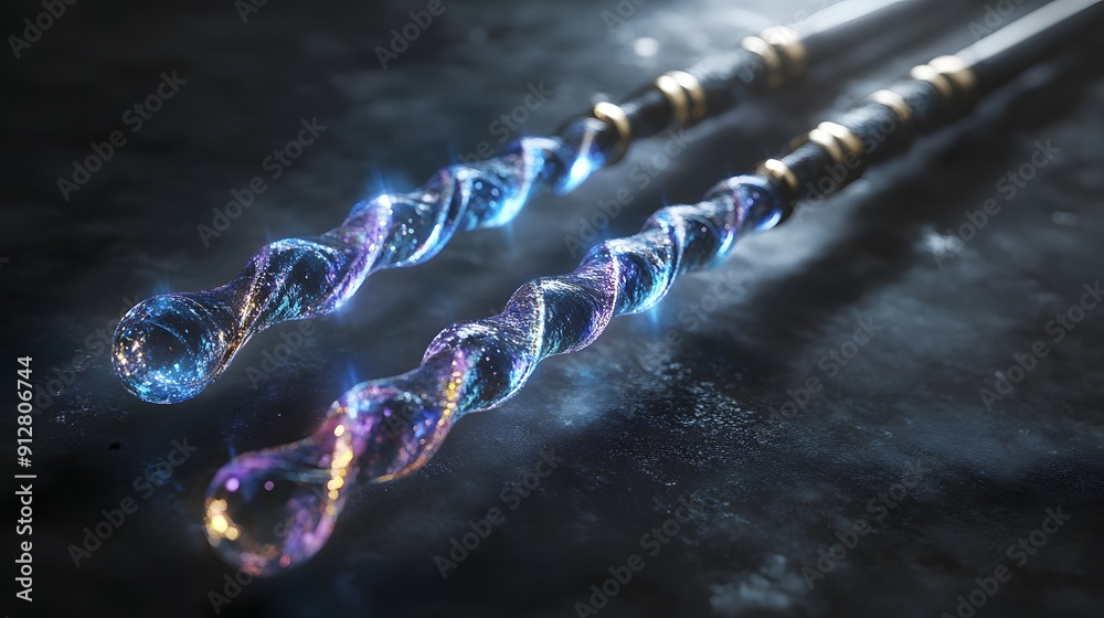 Celestial Power: Two intertwined magic wands crackle with cosmic energy ...