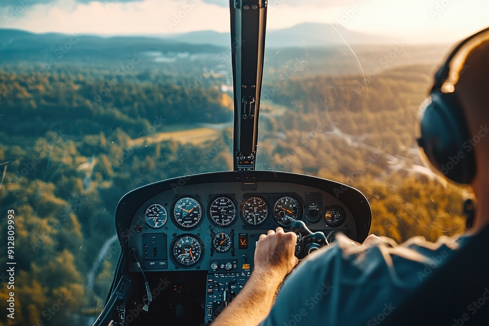 Side view from inside a helicopter cockpit, with the pilot focused on ...