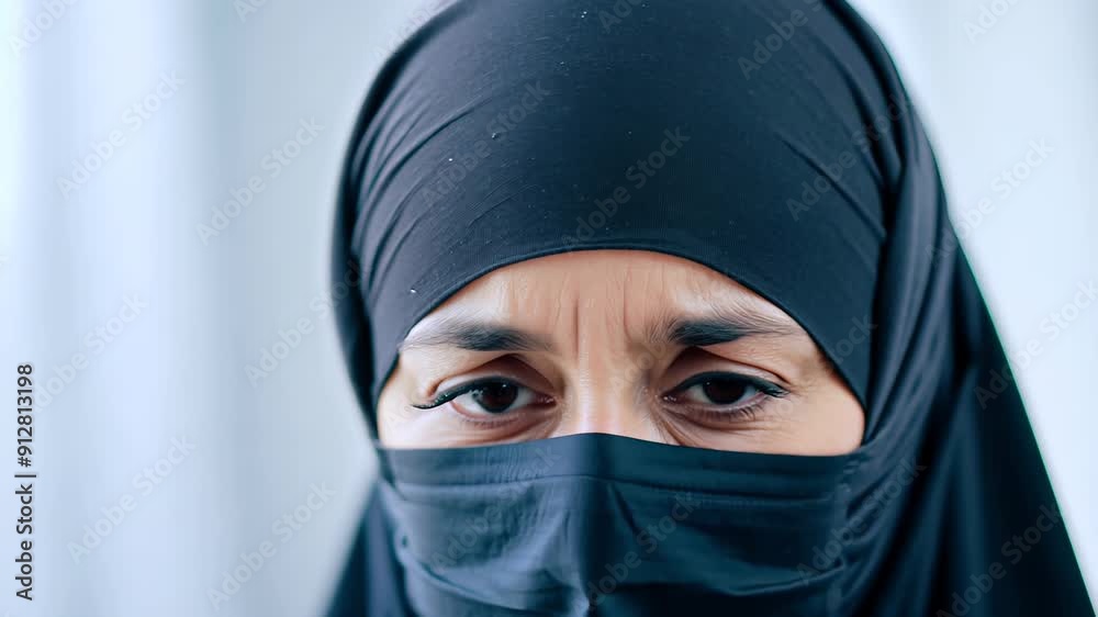 Woman in black niqab and hijab with concentrated expression. Concept ...