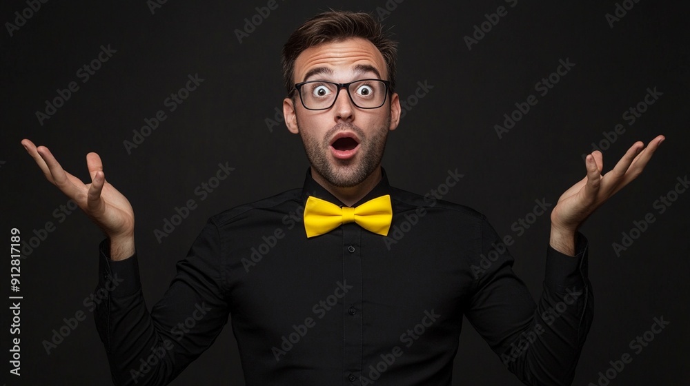 Expressive man in black shirt and bright yellow bowtie gestures with ...