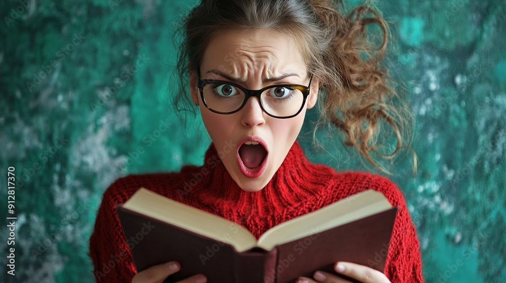 Shocked expression on bespectacled woman's face as she reads an open ...