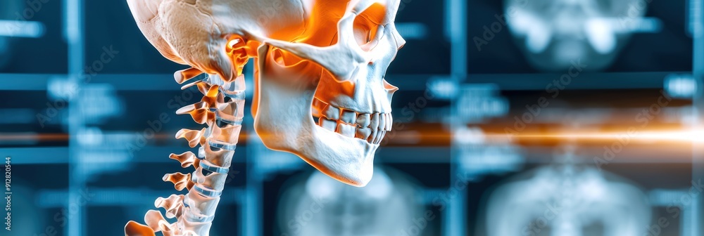 Medical side view of human skull and spine with MRI scans in background ...