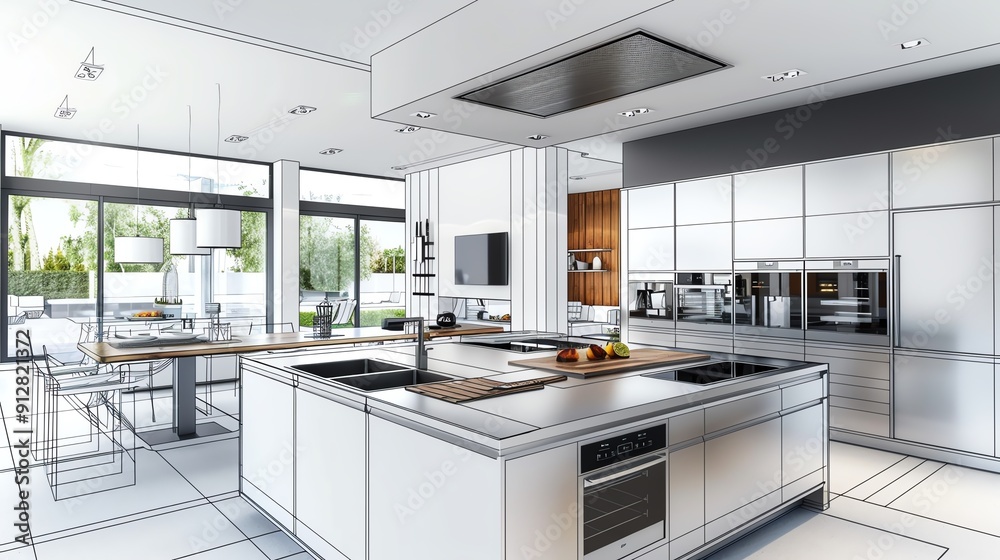 CAD design of a kitchen layout, interior design setting Detailed and ...