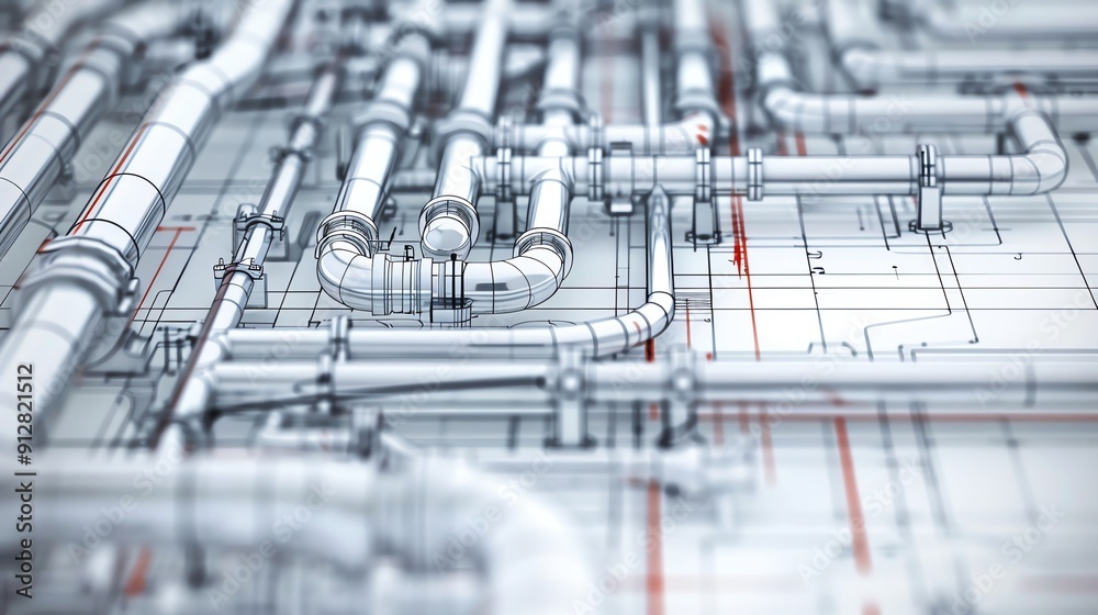 CAD drawing of a plumbing system, construction site backdrop Accurate ...