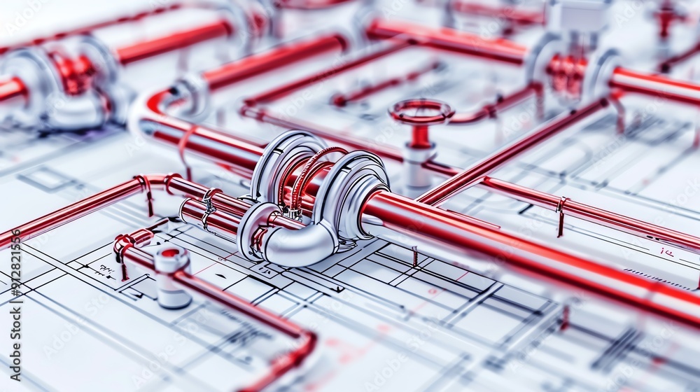 CAD drawing of a plumbing system, construction site backdrop Accurate ...