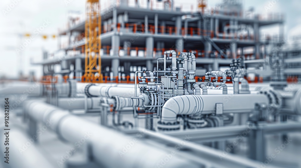 CAD drawing of a plumbing system, construction site backdrop Accurate ...