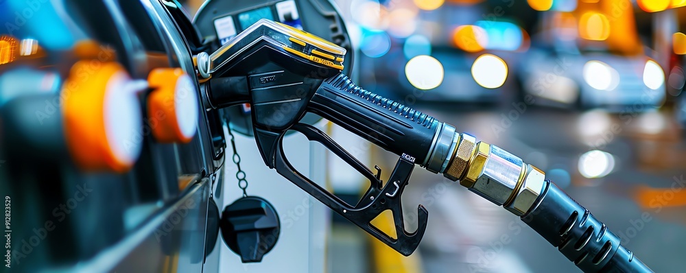 Fuel pump transferring gasoline at a service station, busy urban ...