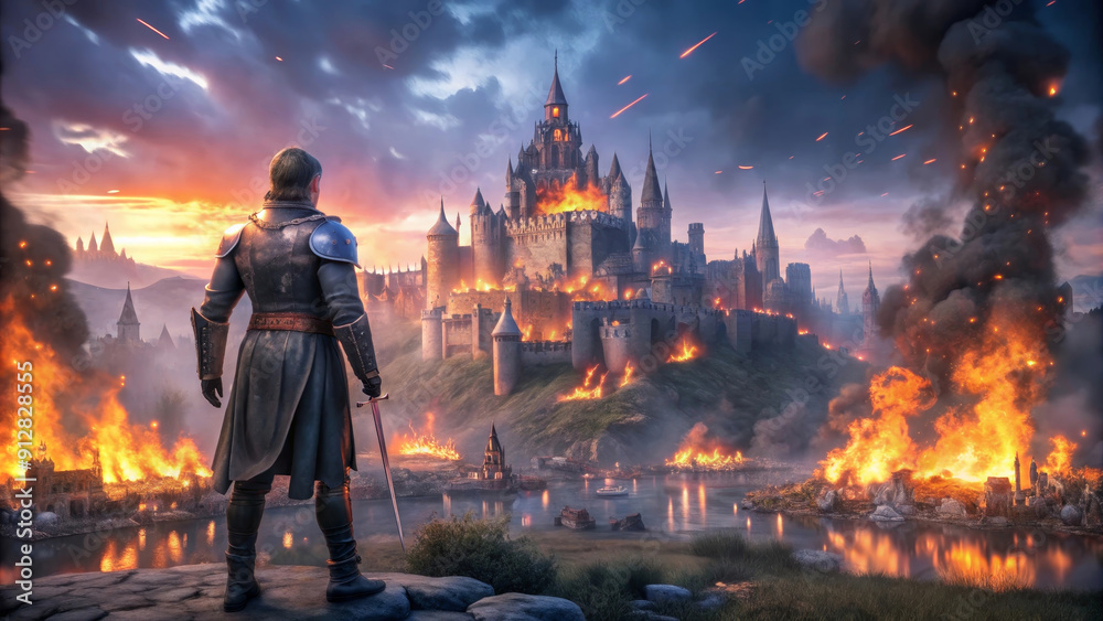 A lone knight stands in the foreground, gazing at a grand castle ...