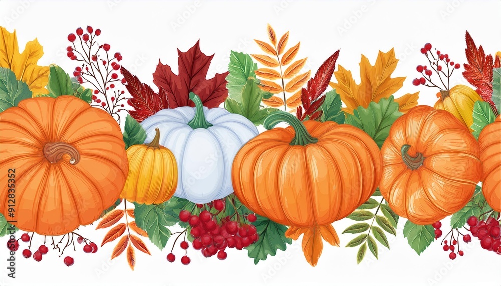 Colorful autumn pumpkins and forest leaves and berries horizontal ...