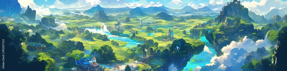Whimsical Aerial View Game Map: Fantasy Forest and Floating Islands in ...