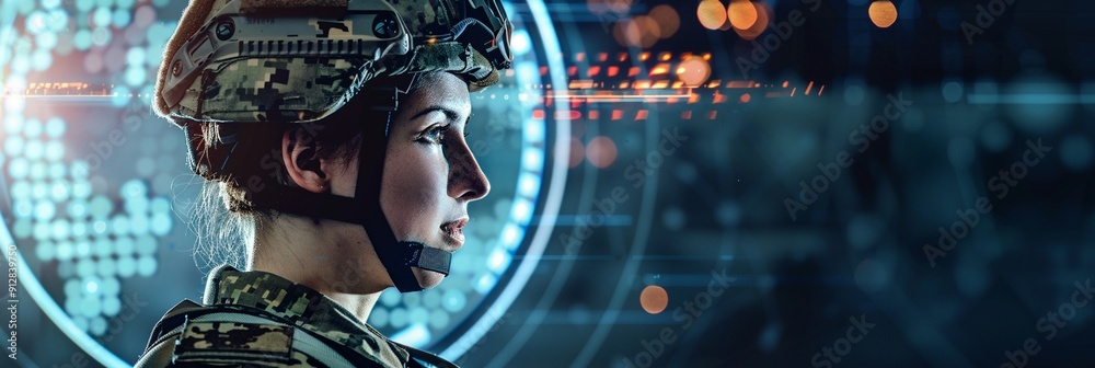 Futuristic military technology: female soldier in combat gear gazes at ...