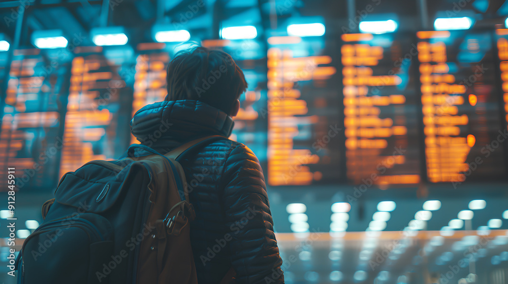 Traveler looking at flight information display board in a modern ...