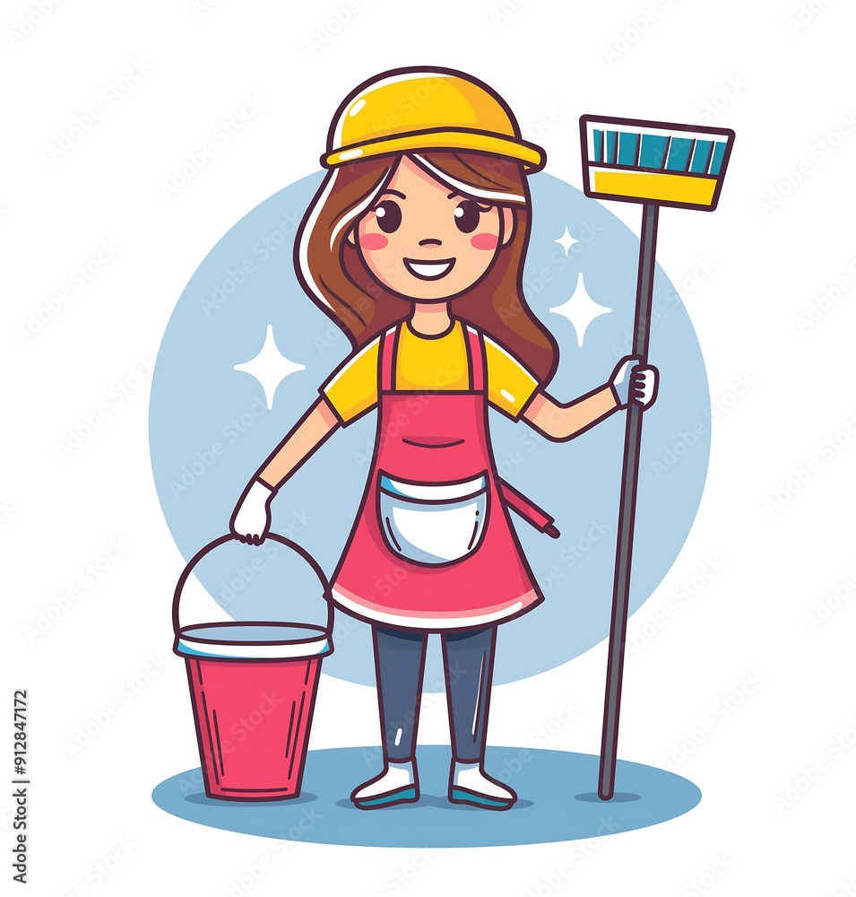 Happy cleaning lady with a broom and bucket cartoon illustration, white ...