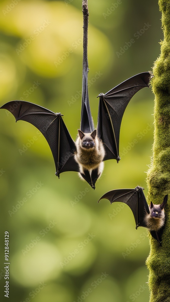 Two bat species large flying fox (left) with dark fur and long fingers ...