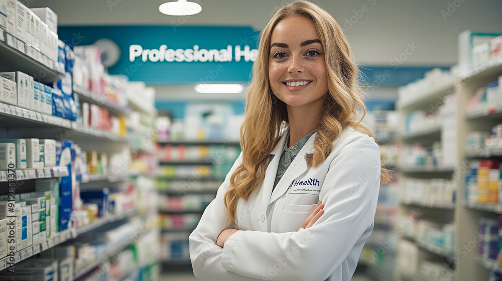 Confident female pharmacist stands proudly in her white lab coat at a ...