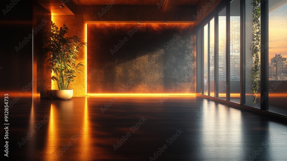 Contemporary dark room with a polished floor and soft ambient lighting ...