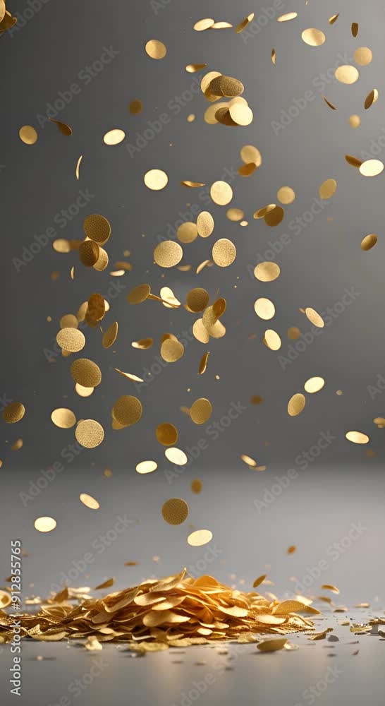 Golden confetti falling into a heap against a sleek gray backdrop ...