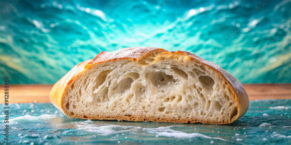 A rustic bread is cut in half, its airy crumb structure against the ...