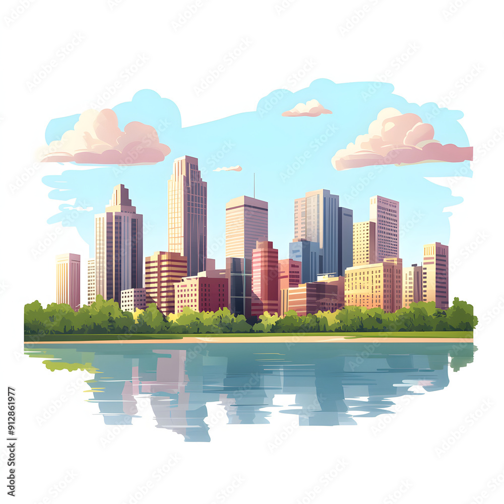 omaha city skyline, high-rising buildings, peaceful lake, big sky with ...