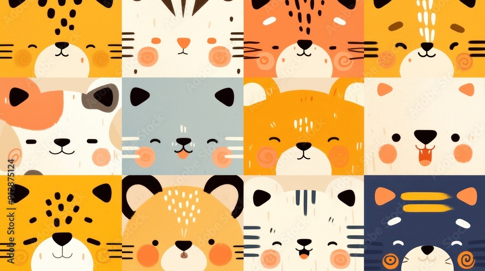 Cute animal face patterns with pastel color palette, simple shapes and ...