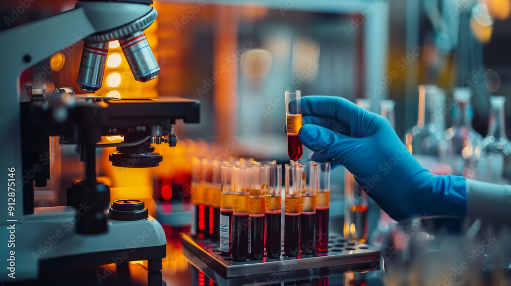 Microscope with test tubes with blood samples Stock Photo | Adobe Stock