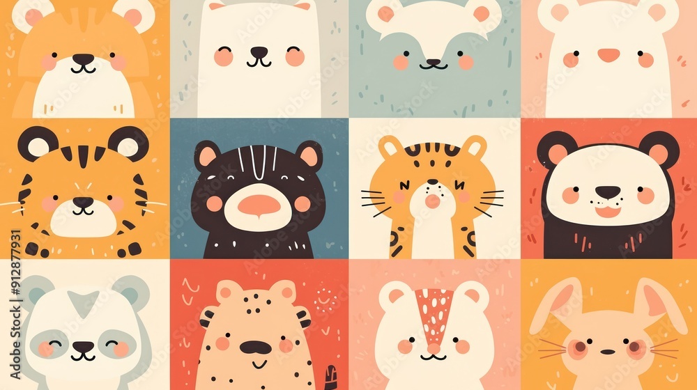 Cute animal face patterns with pastel color palette, simple shapes and ...