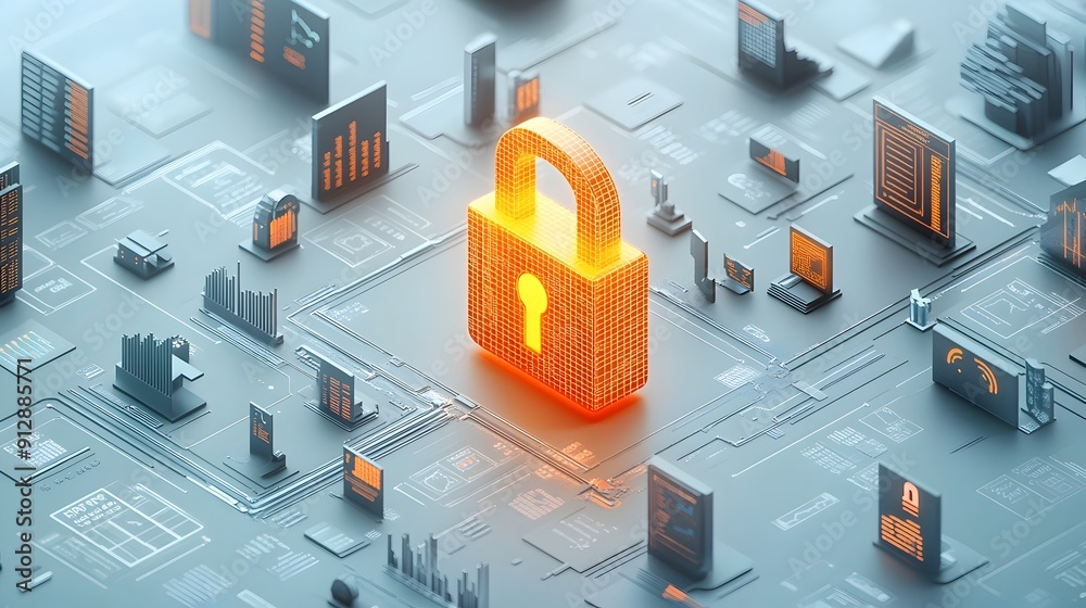 Secure Digital Data Encryption with 3D Glowing Lock Icon Surrounded by Finance Symbols Stock ...