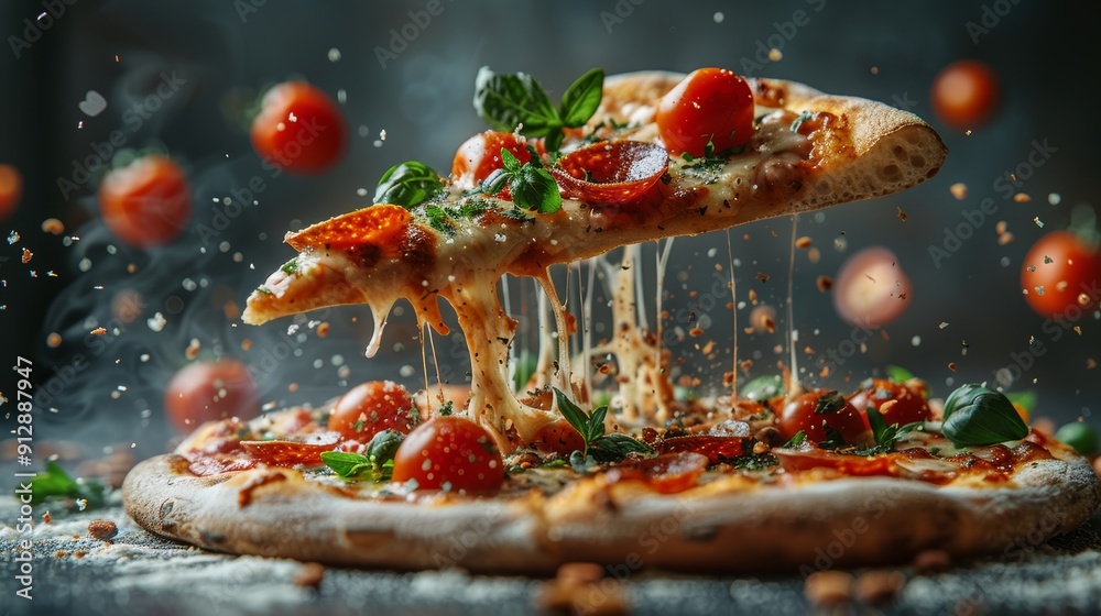Flying pizza slice with melted cheese, herbs, and tomatoes. Food ...