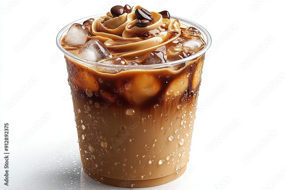 iced coffee in a clear plastic cup with condensation droplets a swirl ...