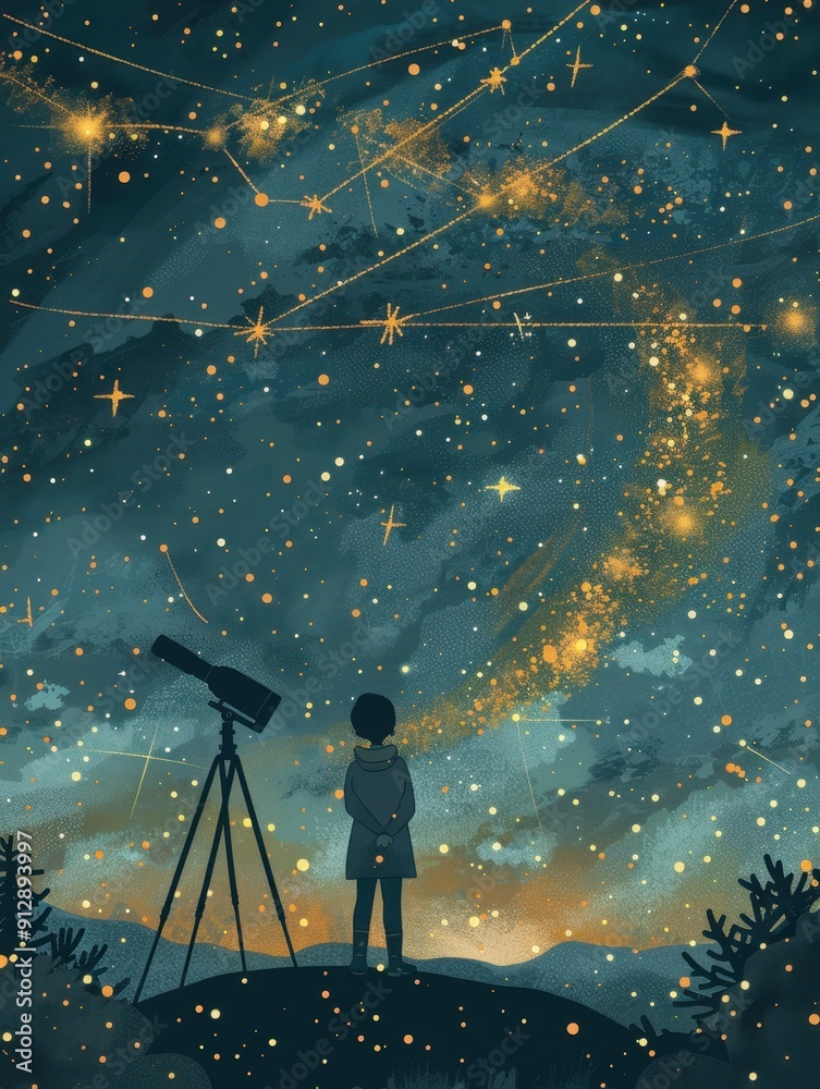 Illustration of a person stargazing through a telescope under a star ...