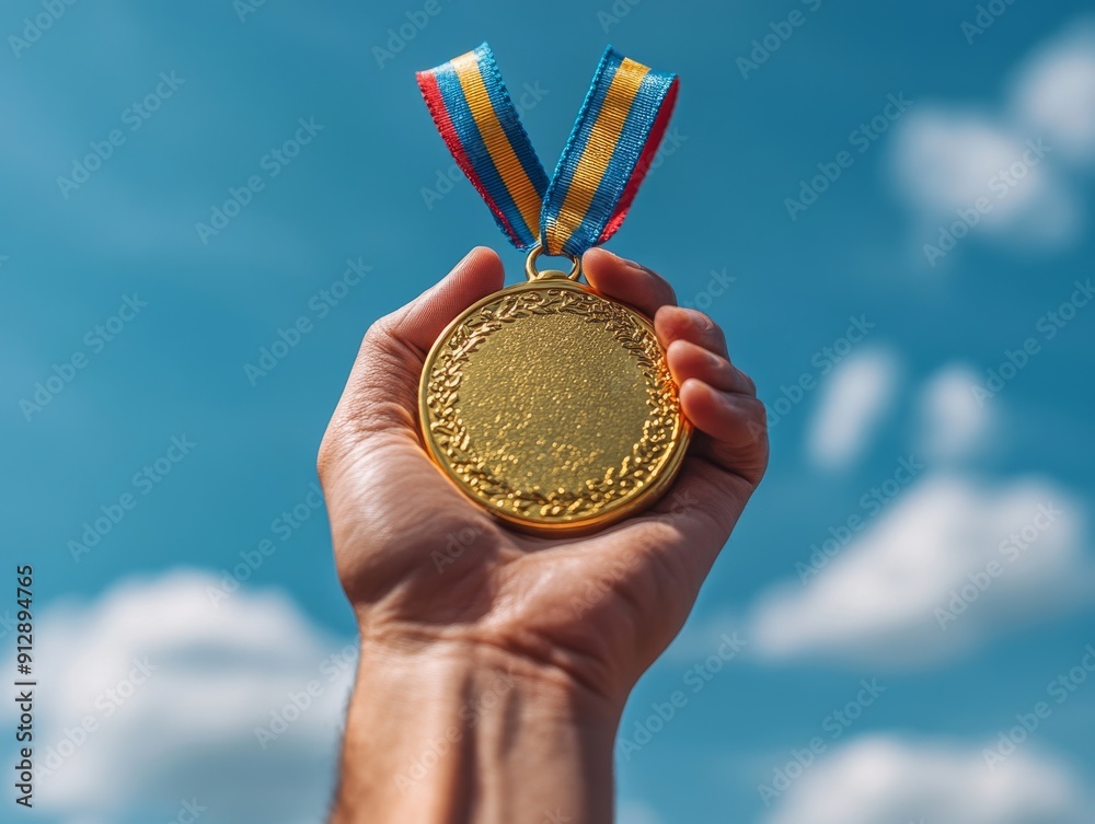 triumphant hand holding up a gold medal against a clear blue sky with a ...