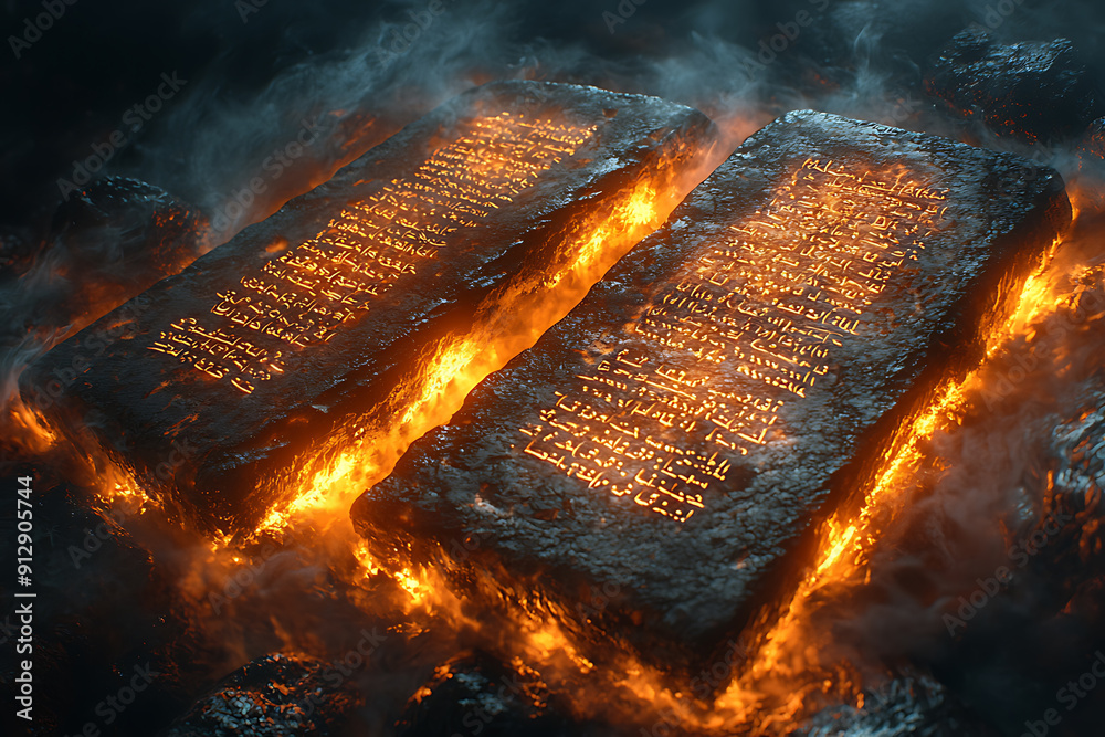 Two stone tablets that God gave to Moses, depicted on a dark background ...