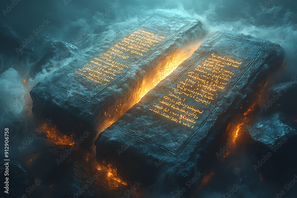 Two stone tablets that God gave to Moses, depicted on a dark background ...