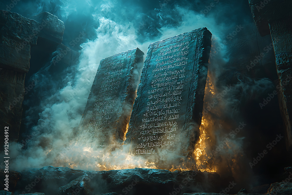 Two stone tablets that God gave to Moses, depicted on a dark background ...