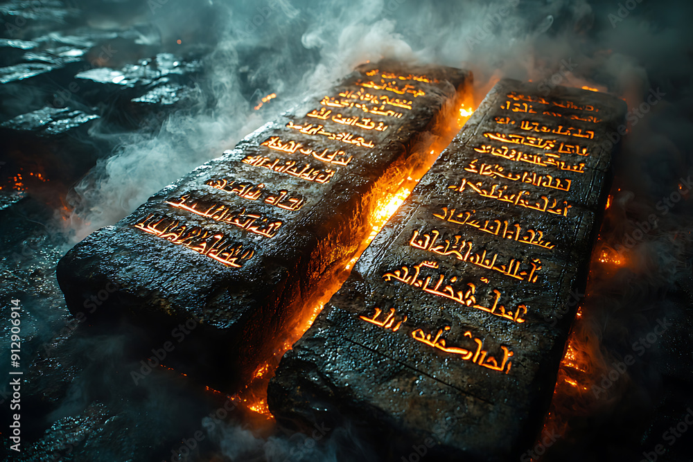 Two stone tablets that God gave to Moses, depicted on a dark background ...