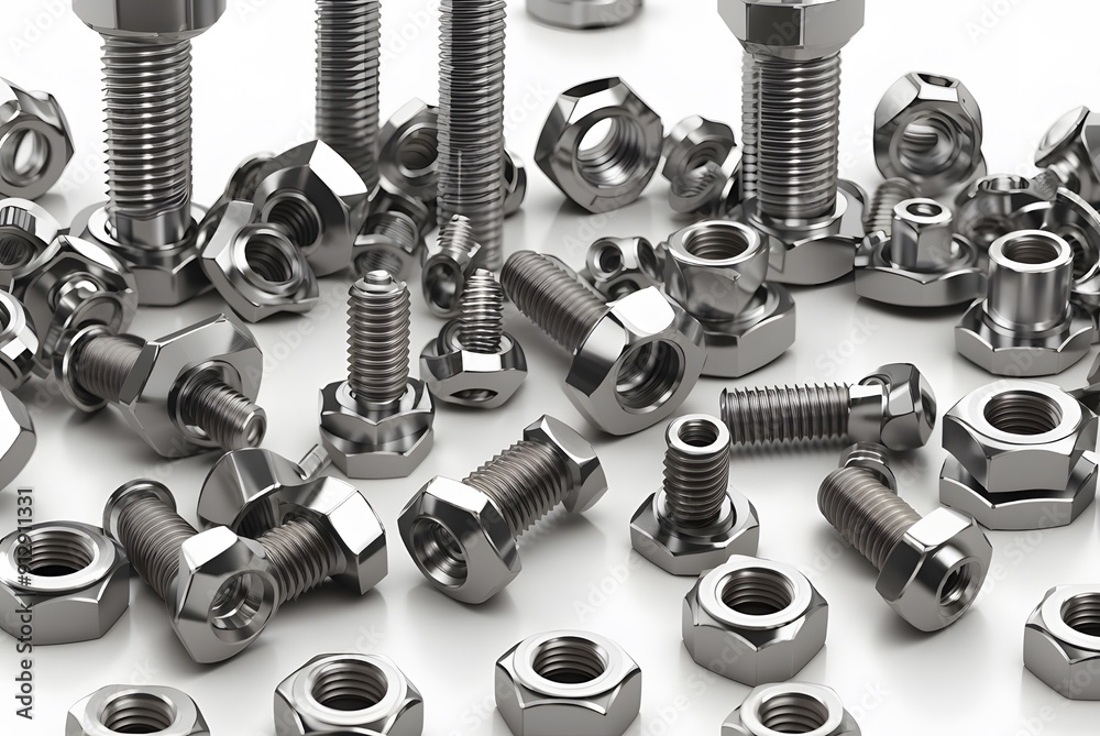 Metal bolts and nuts in a row background. Chromed screw bolts and nuts ...