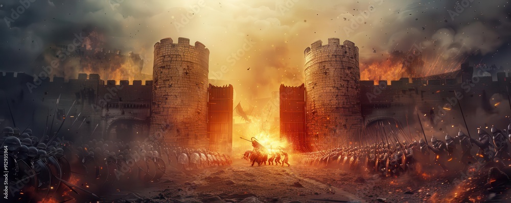 Epic battle scene at a fortified castle under siege, with flames and ...